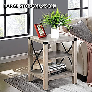 IDEALHOUSE End Table Set of 2, Farmhouse Accent Cocktail Table Storage Shelf, Industrial Wood Look Tea Table, Sofa Center Table for Living Room, Side Table with X Metal Frame