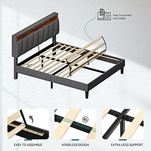 YITAHOME Queen Size Bed Frame, LED Bed Frame with Storage Bookcase Headboard, Upholstered Platform Bed with Charging Station, No Box Spring Needed, Easy Assembly, Grey