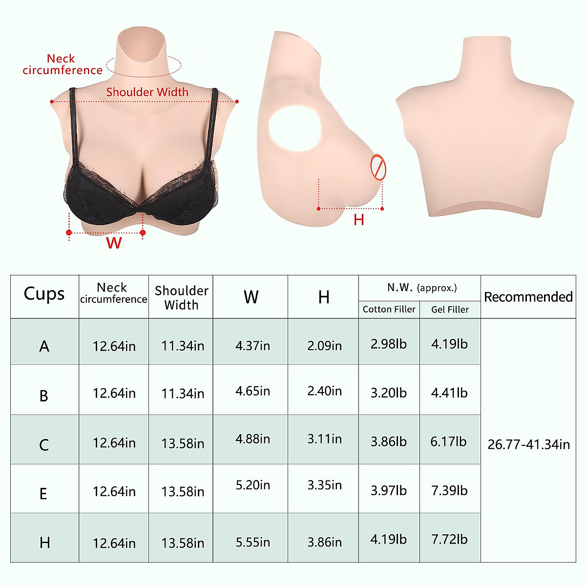 ICEVER New Generation Silicone Breast Plate Cotton Filled Breasts Half Body Crossdresser Fake Breast Forms Transgender (C Cup,Ivory)