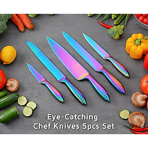 WELLSTAR Kitchen Knife Set 5 Piece, Razor Sharp German High Carbon Stainless Steel Blade, Chef Bread Carving Utility Paring Knives for Culinary Chopping Cutting Slicing and Peeling - Rainbow