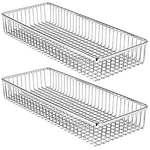 mDesign Metal Farmhouse Kitchen Cabinet Drawer Organizer Basket Tray, Shallow Storage Bin for Cutlery, Serving Spoons, Cooking Utensils, Appliances, Gadgets, Unity Collection, 15" Long, 2 Pack, Chrome