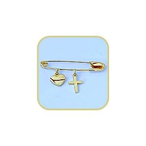 14k. Yellow Gold Baby Safety Pin with Two Charms/Cross & Heart Charms/Christening/Baptism/NOT Gold Filled NOT Gold Plated