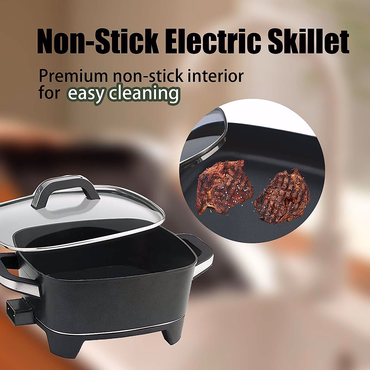 Extra Deep 4-inch Electric Skillet - 12inch Frying pan with Stay Cool Handles, Nonstick Coating, Temperature Control(Black)