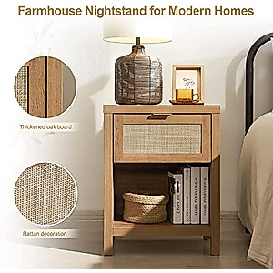 SICOTAS Rattan Nightstand - Farmhouse Night Stand with Drawer and Storage Shelf - Boho Accent Table Bedside Table End Table Side Table for Bedroom Wood