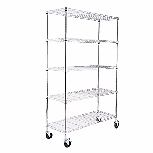EzPeaks 5-Tier Chrome NSF Certified Storage Shelves, Heavy Duty Steel Wire Shelving Unit with Wheels and Adjustable Feet, Used as Pantry Shelf, Garage or Bakers Rack Kitchen Shelving (18"DX48"WX72"H)