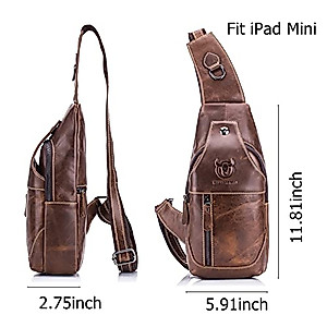 BULLCAPTAIN Men Leather Sling Chest Bag Outdoor Travel Shoulder Crossbody Bags Hiking Small Backpack (Brown)