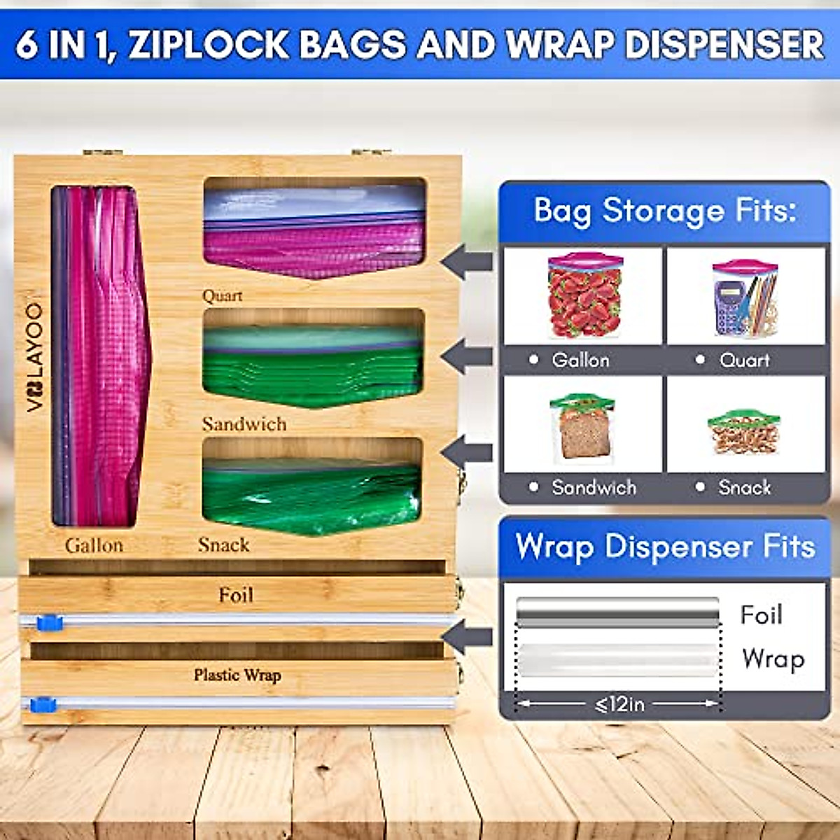 VOLAYOO Drawer organizer for Ziplock Bags and Foil, Organize Your Kitchen Drawer with a Storage Bag Organizer for Ziplock Bags, Foil, Plastic Wrap, 7 in 1 Zip Lock Bamboo Bag organizer for Brawer & Bandwich Bag Holder