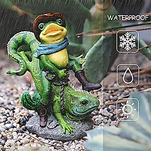 OSROENE Frog Statues Garden Decor, Cowboy Frog Riding Green Lizard Figurine Outdoor Indoor Decoration Animal Statues for Garden Balcony Front Porch Patio Yard