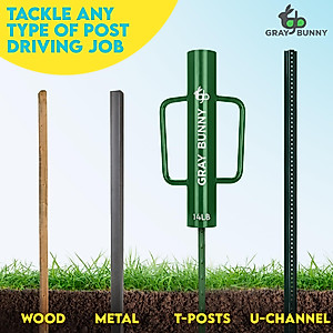 Gray Bunny T Post Driver with Handles, 14LB Heavy Duty Fence Post Driver, Post Pounder for T-Posts, U Channel, Wood, Metal Fence Posts and Signs - Rust Resistant Cast Iron