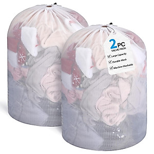 2-Pack Heavy Duty Mesh Laundry Bags,24x32 Inches Large Laundry Drawstring Bag,Washable Laundry Bag for College, Dorm, Travel, Family and Apartment Dwellers, white