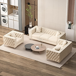 Morden Fort Loveseat Sofa, 61“Beige Mid-Century Couch with Button Tufted and Nailhead Trim and Iron Legs for Living Room, Apartroom, Bedroom, Office