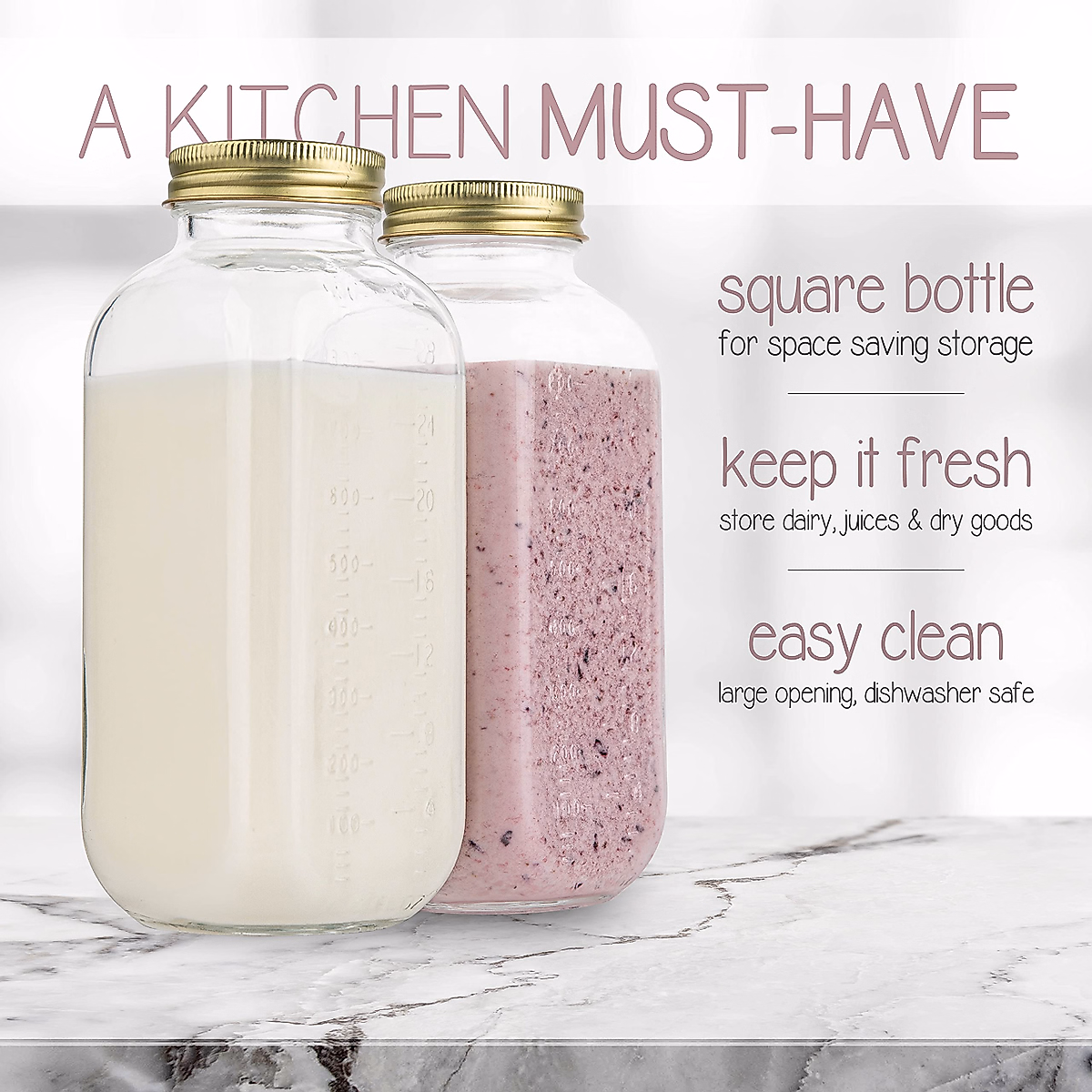 kitchentoolz 32oz Square Glass Milk Bottle with Metal Airtight Lids -1 Quart Milk Jars with Lids for Fridge - Reusable Milk Jugs , Yogurt, Smoothies, Kefir, Kombucha, Water