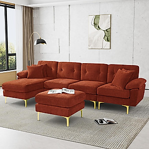 Nolohoo U Shaped Sectional Sofa Couch,114" Comfy L Shape Sofa with Chaise Lounge Ottoman, Modern Upholstered Chenille 4 Seat Modular Couch Set for Living Room Office, Orange