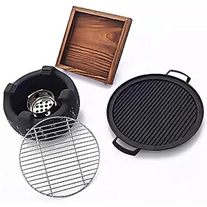 Buachois Round Carbon Barbecue,Charcoal Table Grill,Japanese Style BBQ Grill,Japanese Non-electric Griddles, Mini Square Grill with Wooden Base for Picnic Garden Camping 19x19x18 cm / 7.5x7.5x7.1 in