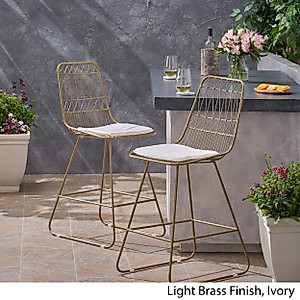 GDFStudio Outdoor Counter Stools, 26" Seats, Modern, Geometric, Light Brass Iron Frames with Ivory Cushion (Set of 2)