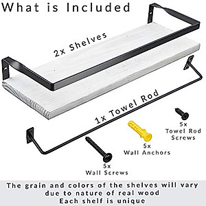 Peter's Goods Rustic Floating Wall Shelves with Rails - Decorative Storage for Bedroom, Bathroom, and Kitchen - Elegant, Modern Shelving - Rustic White Pine Wood, Charcoal Metal Frame - Set of 2