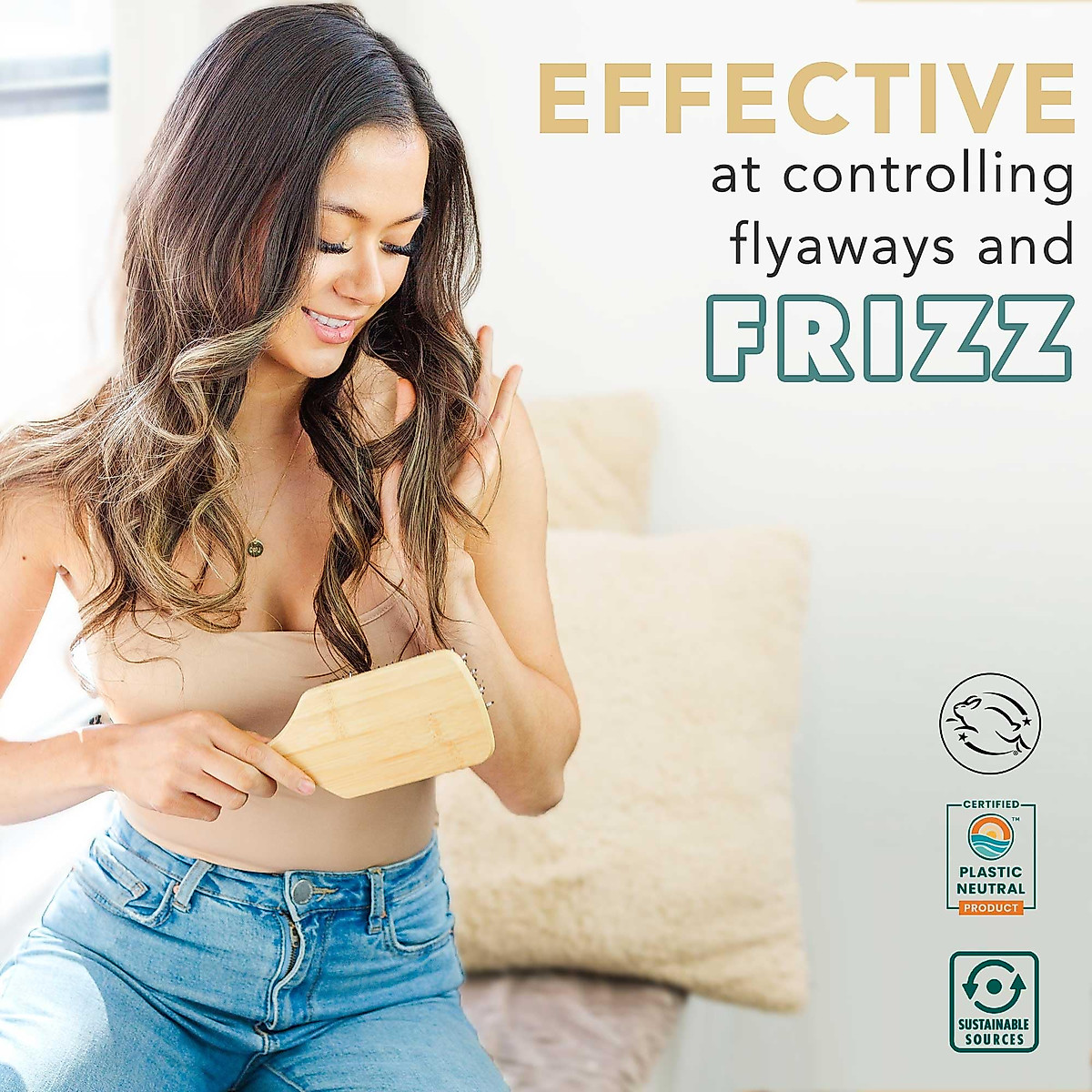 Boar Bristle Paddle Hair Brush - Smoothing Wood Brush for Thick, Curly & Wavy Hair, Detangling Natural Bristles for Women, Stimulates Scalp