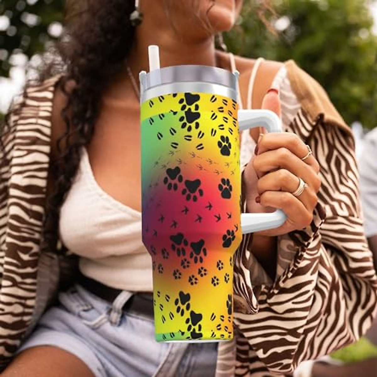 HULIBIN Paw Prints Pattern Print Double Deck Stainless Steel Travel Coffee Cup With Lid 40 Oz Ice Bully Cup