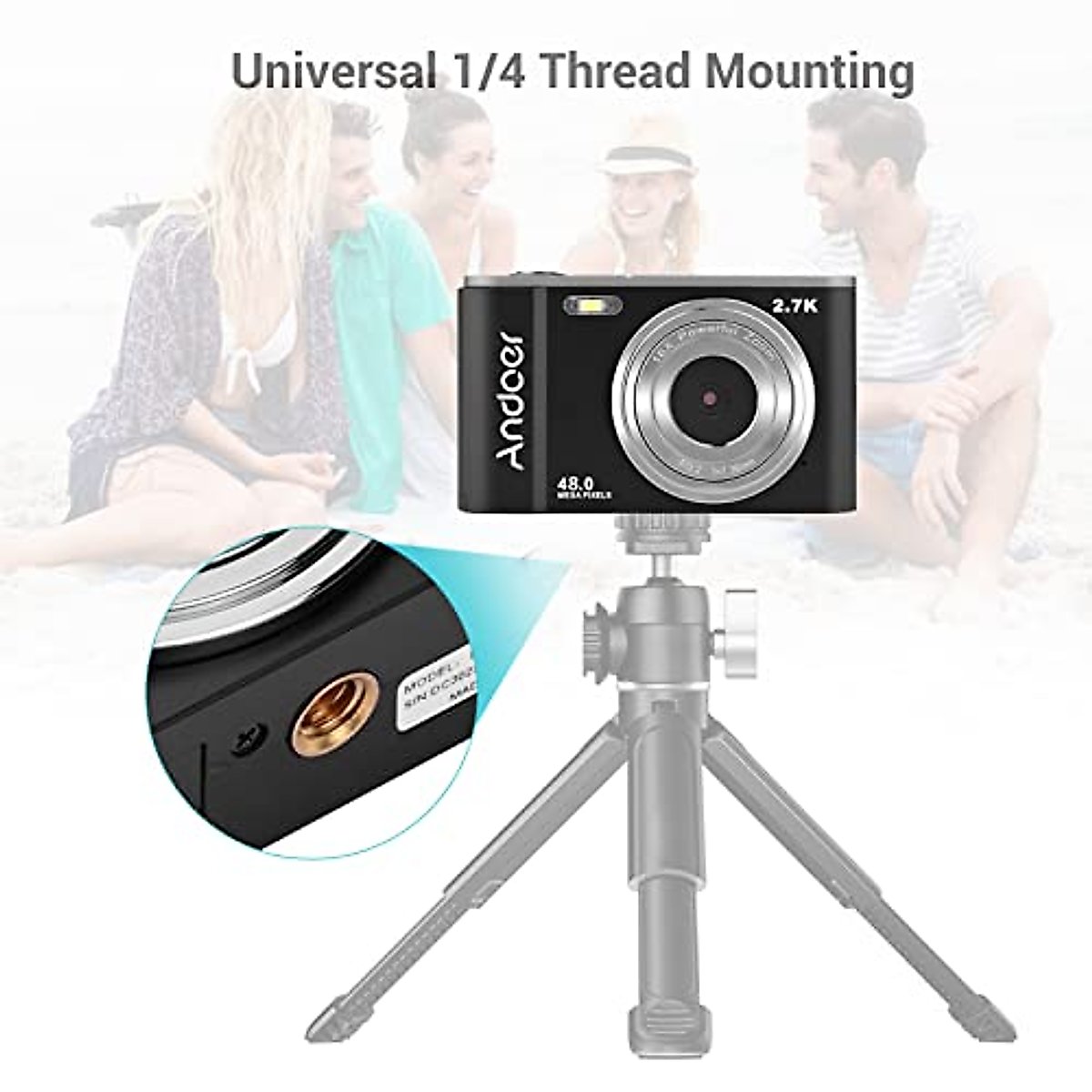 Andoer Portable Digital Camera 48MP 2.7K 2.88-inch IPS Screen 16X Zoom Auto Focus Self-Timer 128GB Extended Memory Face Detection Anti-Shaking with 2pcs Batteries Hand Strap Carry Pouch