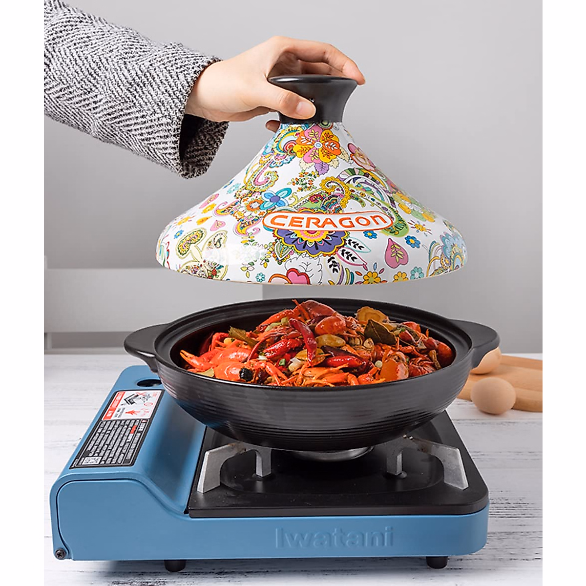 2L Ceramic Tagine Pot Moroccan Tajine Cooking Pot Cookware with Cone-Shaped Closed Lid for Stew Casserole Slow Cooker (Large, Hand Made)