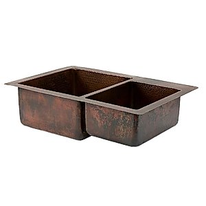 Premier Copper Products K60DB33229 33-Inch Hammered Copper Kitchen 60/40 Double Basin Sink, Oil Rubbed Bronze