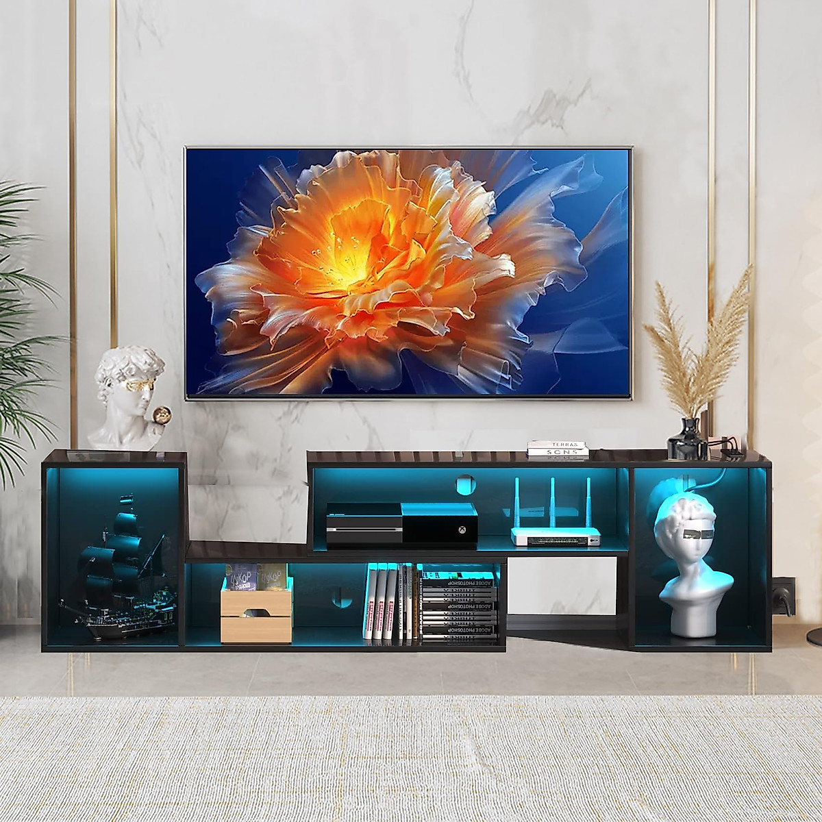 TV Stand, Deformable TV Stand with LED Strip & Power Outlets Free-Combination Entertainment Center for 50 55 60 65 Inch TV,Console TV Stand Modern TV Table Media Stand, DIY Open Storage Bookcase Shelf