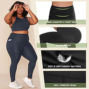 HLTPRO 3 Pack Plus Size Leggings with Pockets for Women - Black High Waisted Tummy Control Soft Yoga Pants for Gym Workout