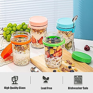 wookgreat Overnight Oats Jars, Overnight Oats Container with Leakproof Lid and Spoon Set of 6, 16 Oz Glass Mason Jars, Large Capacity Wide Mouth Jars with Measure Marks for Cereal Milkshake Meal Prep