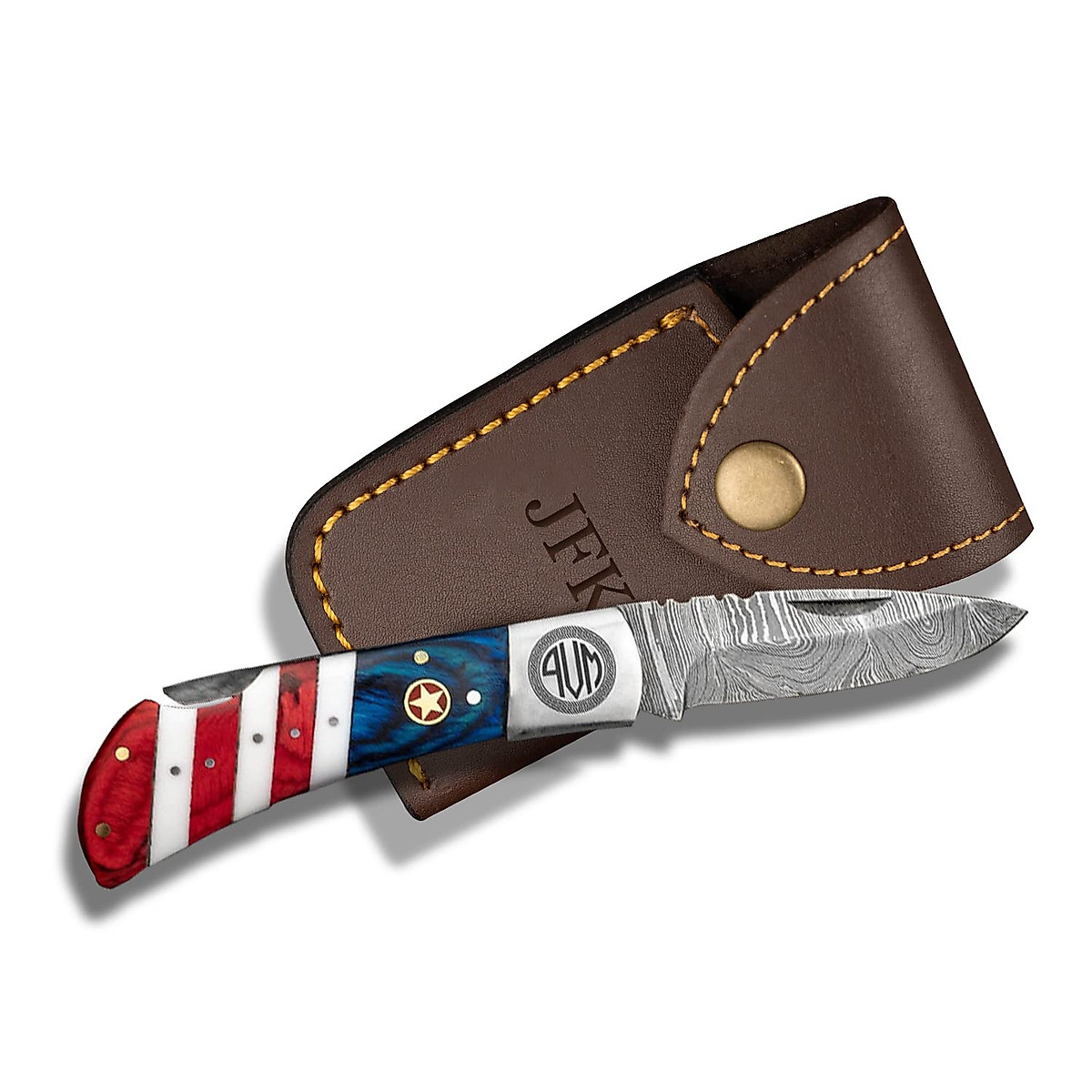 Morf Steelware Customized American Flag Damascus Pocket Knife, USA Patriotic Damascus Folding Knife Survival Pocket Knife for Men, Handmade Camping & Hunting Knife With Sheath