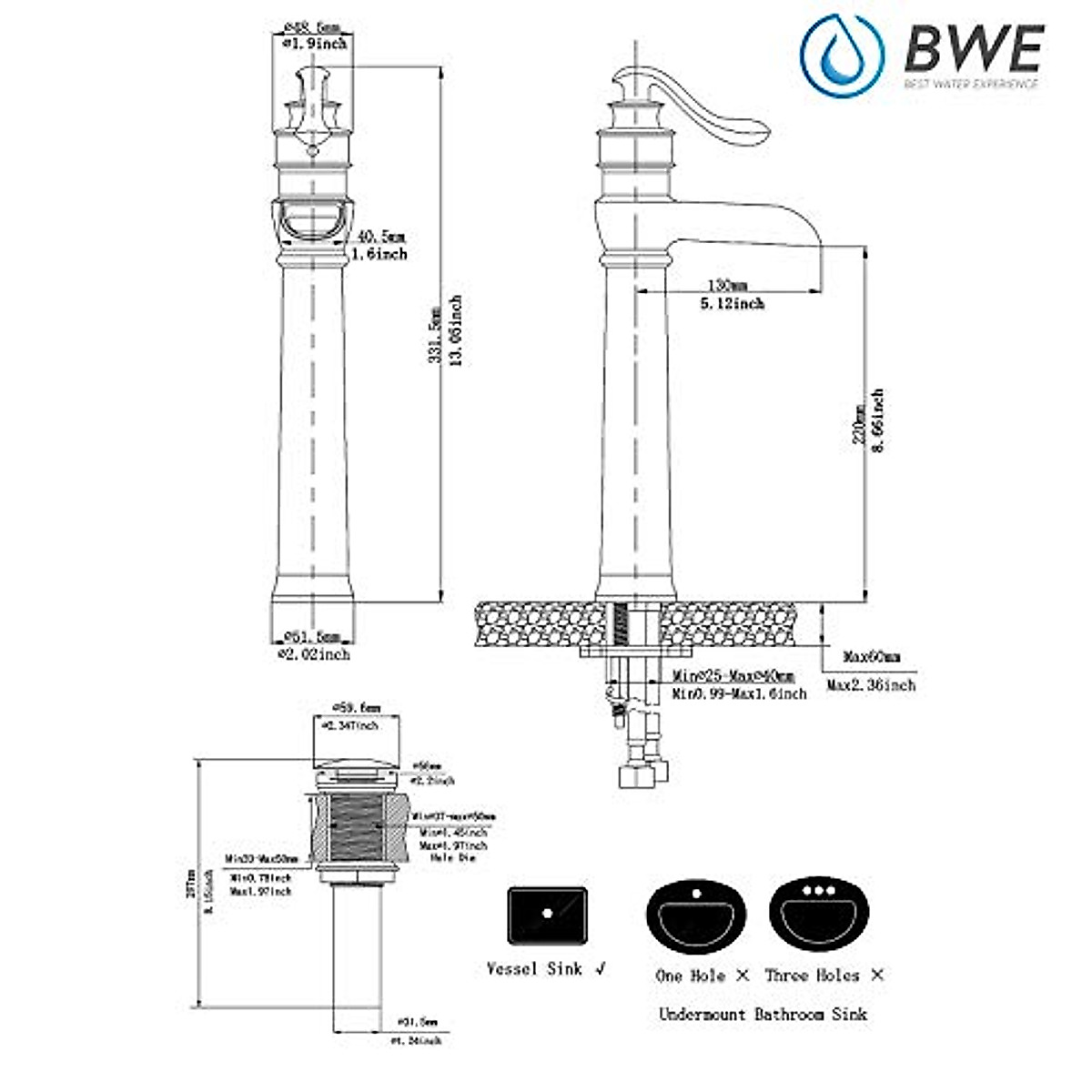 BWE Vessel Sink Faucet Waterfall Singe Hole Oil Rubbed Bronze Black Bathroom Sink Faucet Handle with Pop Up Drain Assembly Stopper Without Overflow Supply Line Lavatory Tall Rustic Bath Basin Vanity