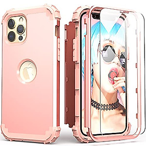 IDweel iPhone 12 Pro Max Case with Tempered Glass Screen Protector, Hybrid 3 in 1 Shockproof Slim Heavy Duty Protection Hard PC Cover Soft Silicone Rugged Bumper Full Body Case for Women, Rose Gold