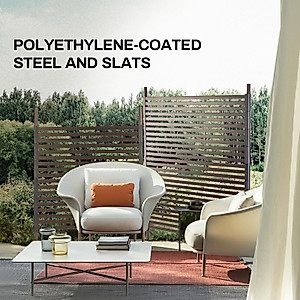 YOTOWORTH Patio Privacy Fence Screen, Outdoor Metal Slatted Decorative Privacy Screen and Panels Freestanding for Patio Divider, Brown Outdoor Privacy Screen with Stand, 71" H×35.4" W