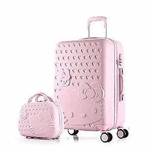 MUNROU Hello Girls Kitty Rolling Luggage Cute Pink Hardshell Carry On Suitcase with Wheels