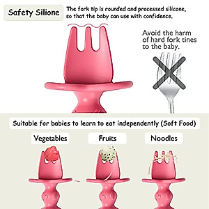 4 Pack Baby Utensils Self Feeding 6+ Months, Silicone Baby Spoons and Forks, Toddler Utensils for Baby Led Weaning, Chewable Utensils First Stage, Pink, Yellow