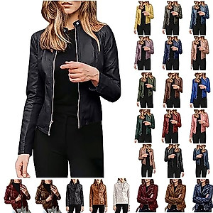 Women's Leather Jacket, Faux Leather Motorcycle Jacket for Women 2023 Plus Size Casual Coats Vintage Biker Jackets Long Sleeves Cropped Coats Lapels Leather Jacket
