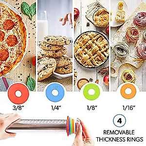 NASNAIOLL Adjustable Rolling Pin with Thickness Rings Measurement Pastry for Baking Cookie Dough Pizza Pastry Pie Pasta, French Style Stainless Steel Roller