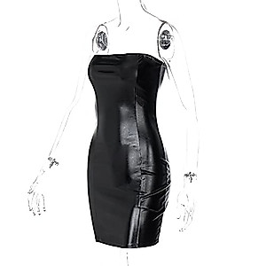 Achieer Women Sexy Club Party Strapless Bodycon Pu Leather Black Ruched Latex Dress