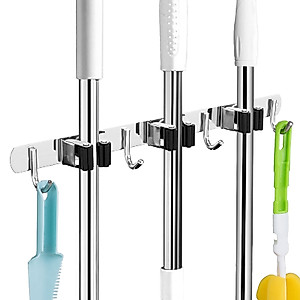 AceMining 3 Racks and 4 Hooks & 2 Racks and 3 Hooks Broom and Mop Holder Wall Mounted Garage Organizer Storage Tool Racks Stainless Steel Heavy Duty Hooks Self Adhesive Solid Non-slip Wall Hangers