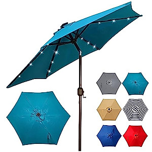 Blissun 7.5 ft Solar Umbrella 18 LED Lighted Patio Umbrella Table Market Umbrella with Tilt and Crank Outdoor Umbrella for Garden, Deck, Backyard, Pool and Beach, Cerulean