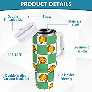 ZZXXB Monkey Plaid Print Insulated Stainless Steel Water Bottle with Handle and Straw Lid Double Walled Travel Mug 30 oz