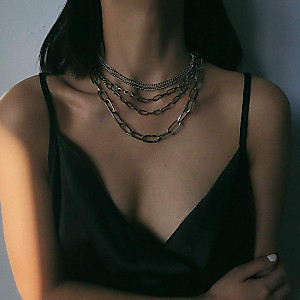 Layered Necklaces for women 18 Inch Paperclip Chain Silver Tone Choker Necklace Chains Punk Jewelry (Silver 5-layer Chains)