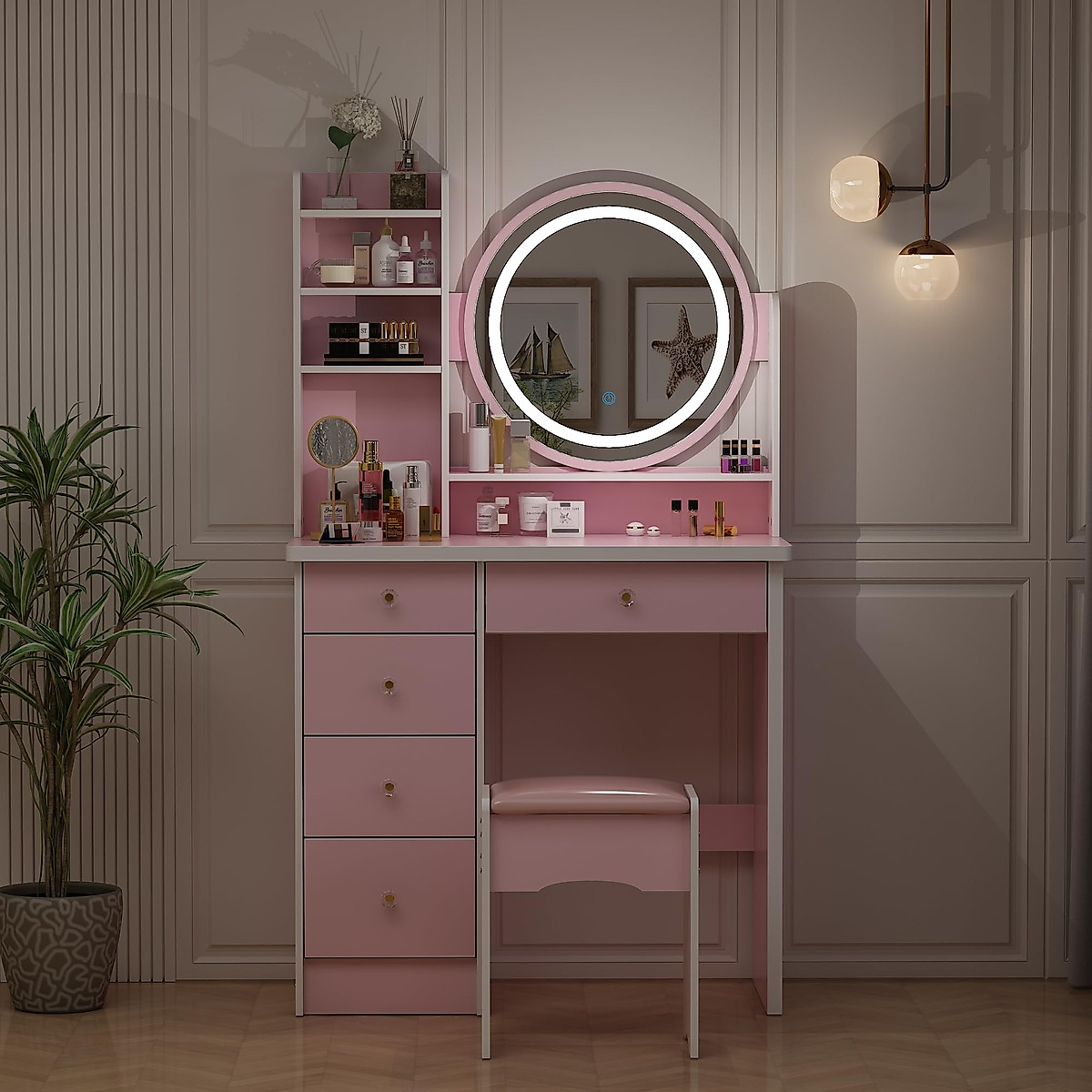 ECACAD Vanity Desk Set with LED Lighted Round Mirror, Makeup Dressing Table with 5 Drawers, Storage Shelves & Cushioned Stool for Bedroom, Pink