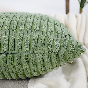 All Smiles Sage Green Decorative Spring Throw Pillow Covers 18x18 Set of 4 Farmhouse Couch Boho Home Decor Soft Plush Striped Corduroy Square Cushion Case for Living Room Couch Bed Sofa
