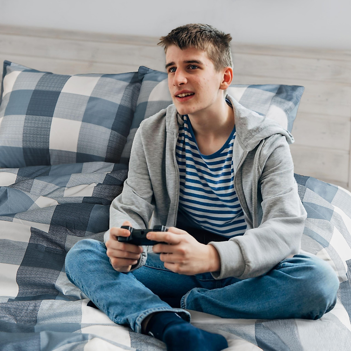 Hyde Lane Plaid Twin Comforter Set for Teen, Farmhouse Comforter Twin Size Bed, Blue and White Comforter, Grid Buffalo Lightweight 3 Pieces Bed Sets Includes 1 Comforter, 1 Shams (66 x 90 Inch)