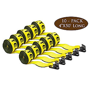Mytee Products Truck Winch Straps 4" x 50' Yellow Heavy Duty Tie Down with Flat Hooks WLL# 5400 lbs | 4 Inch Cargo Control for Flatbed Truck Utility Trailer (10 Pack)