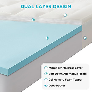 Eiayeebil Memory Foam Mattress Topper King, Dual Layer Mattress Topper, 2 Inch Gel Memory Foam Plus Pillow top Mattress Pad Cover for Back Pain, Down Alternative Bed Topper with Deep Pocket