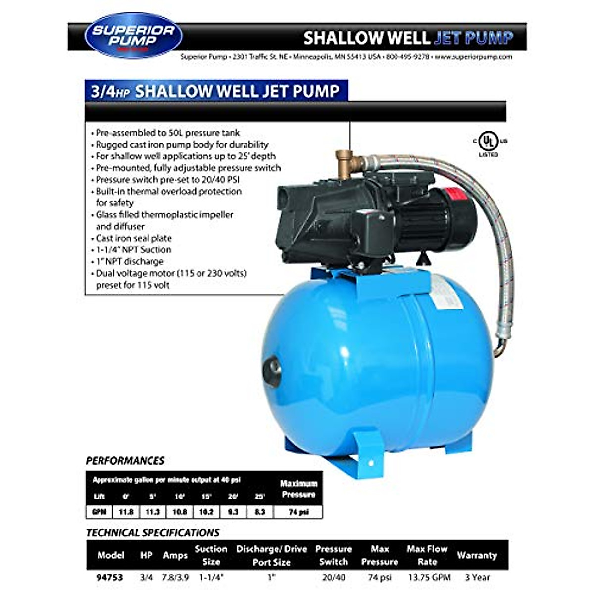 Superior Pump 94753 3/4 HP Cast Iron Shallow Jet Pump Kit, 3/4HP, Black