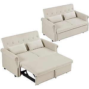 55" Convertible Loveseat Sofa Couch with Pull-Out Sleeper, 3-in-1 Modern Love seat Couch Bed with Adjustable Backrest and 2 Pillows,Velvet 2 Seater Couch Bed for Small Spaces Living Room(Beige)