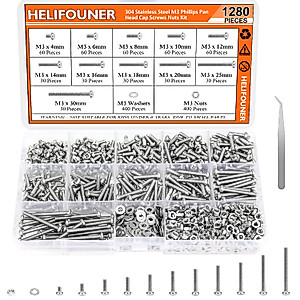 HELIFOUNER 1280 Pieces M3 x 4mm /6mm /8mm /10mm /12mm /14mm /16mm /18mm /20mm /25mm / 30mm, Phillips Pan Head Machine Screws, Metric Screws Bolts Washers Nuts Kit, 304 Stainless Steel