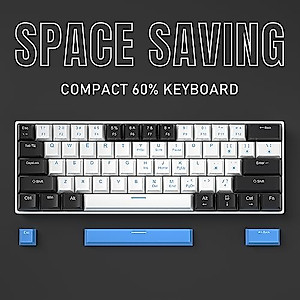 60 Percent Mechanical Gaming Keyboard,Black White Blue Mixed Color Keycaps Gaming Keyboard with Brown Switches, Detachable Type-C Cable Mini Keyboard with Blue LED Light for Windows/Mac/PC/Laptop